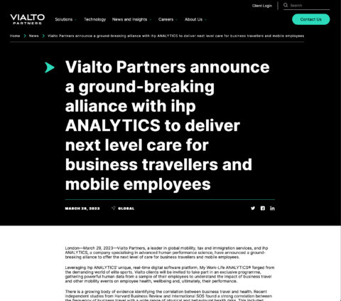Vialto Partners are delighted to announce a ground-breaking partnership with ihp Analytics Ltd ...
